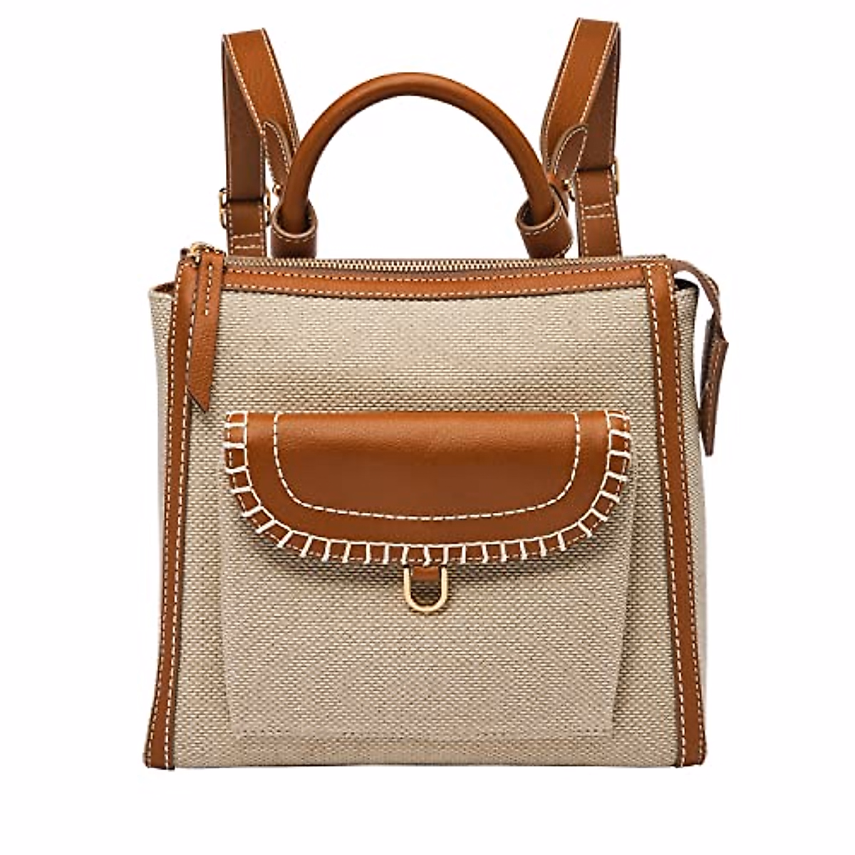 Fossil Women's Parker Leather & Fabric Mini Backpack Purse Handbag, Saddle/Natural Colorblock (Model: ZB1838248)