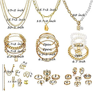 IFKM 36 PCS Gold Plated Jewelry Set with 4 PCS Necklace, 11 PCS Bracelet, 7 PCS Ear Cuffs Earring, 14 Pcs Knuckle Rings for Women Girls Valentine Anniversary Birthday Friendship Gift