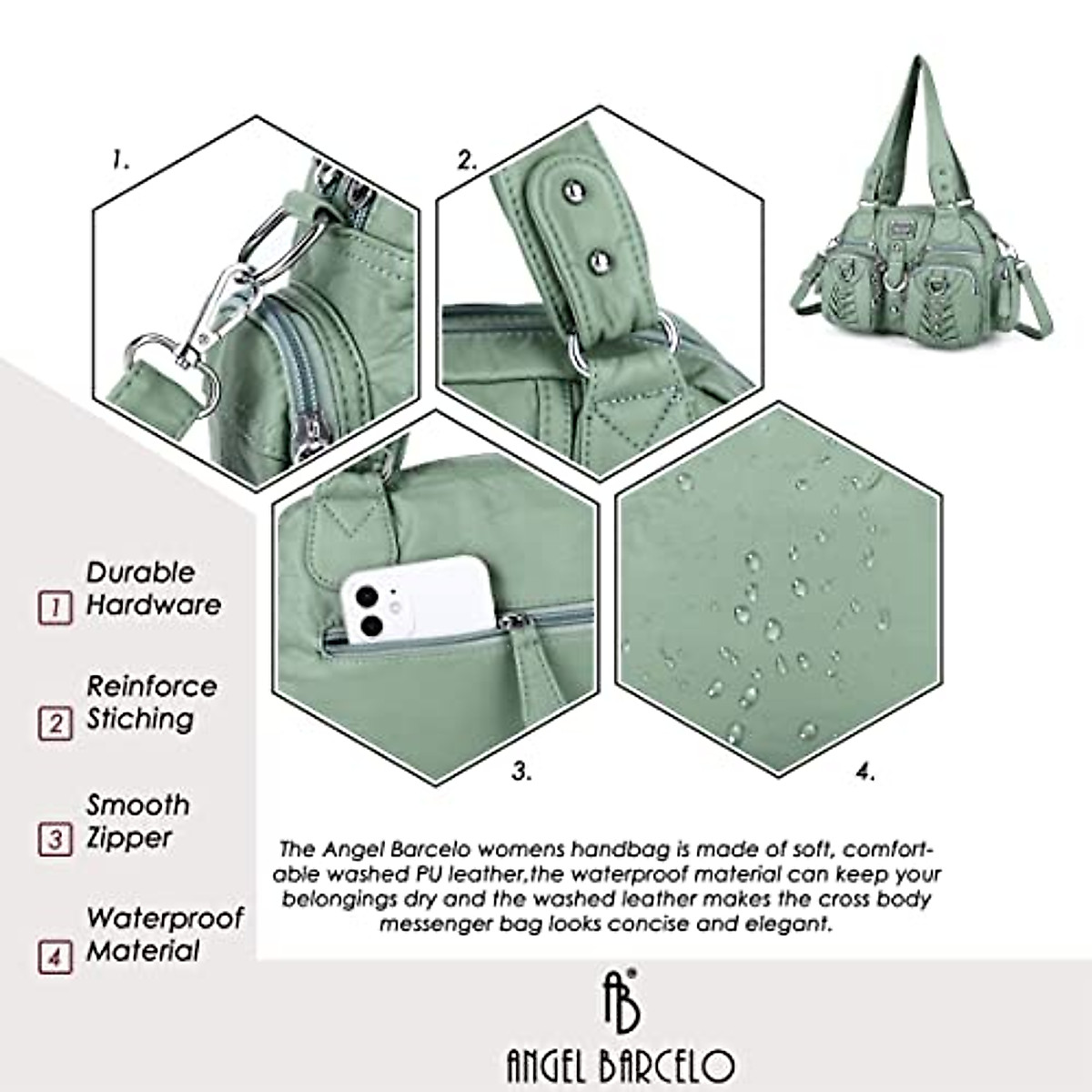 Angel Barcelo Purses and Handbags Women Tote Shoulder Bag Top Handle Satchel Hobo Bags Fashion Washed Leather Purse Green