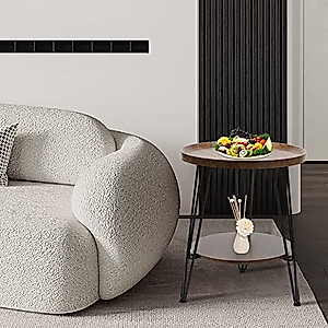 Round End Table, Small Side Table with Storage Shelf, 2-Tier Circular Rustic Vintage Table, Solid Telephone Table Nightstand for Living Room Bedroom Entryway, Black Metal Leg and Walnut Boards