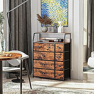 Furnulem 9 Drawer Dresser Large with Shelf and Nightstand with 3 Drawers and 2-Tier Shelf, Fabric Dresser Organizer Storage Tower for Bedroom, Closet, Hallway, Nursery, Sturdy Steel Frame, Wood Top