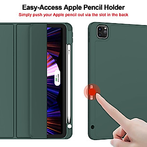 ZryXal New iPad Pro 11 Inch Case 2022(4th Gen)/2021(3rd Gen)/2020(2nd Gen) with Pencil Holder, Smart iPad Case [Support Touch ID and Auto Wake/Sleep] with Auto 2nd Gen Pencil Charging (Midnight Green)