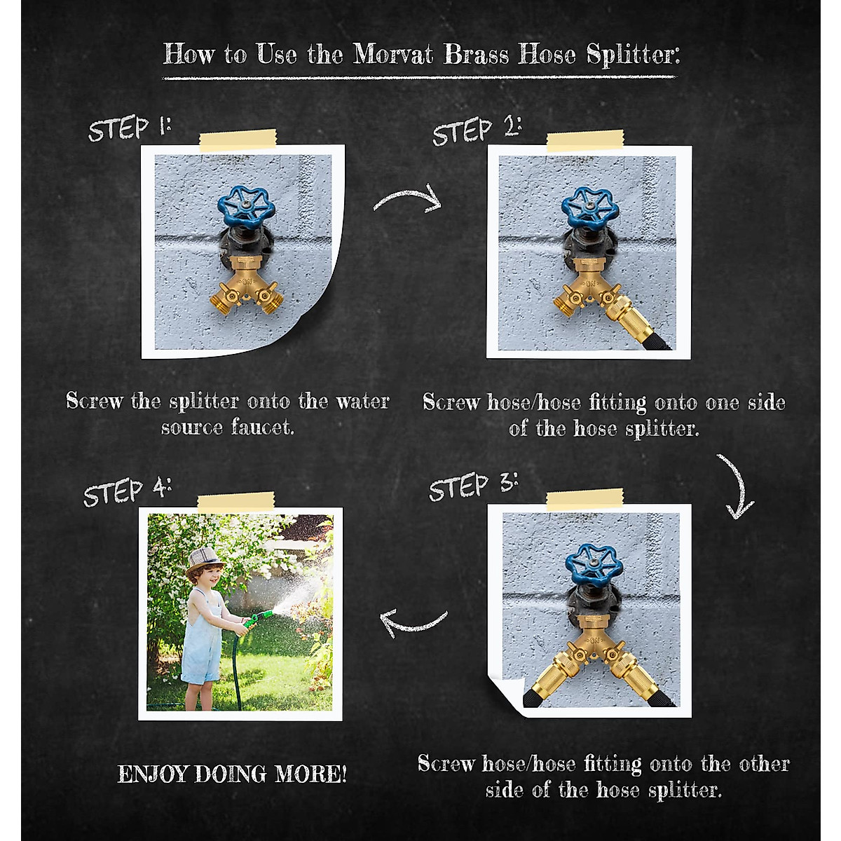 Morvat Heavy Duty Brass 2 way Y Splitter Garden Hose Hexagonal Connector with Comfortable Grip Shut Off Valves, Adapter for Water Tap, Outlet, & Spigot, Includes 2 Extra Rubber Washers & Teflon Tape