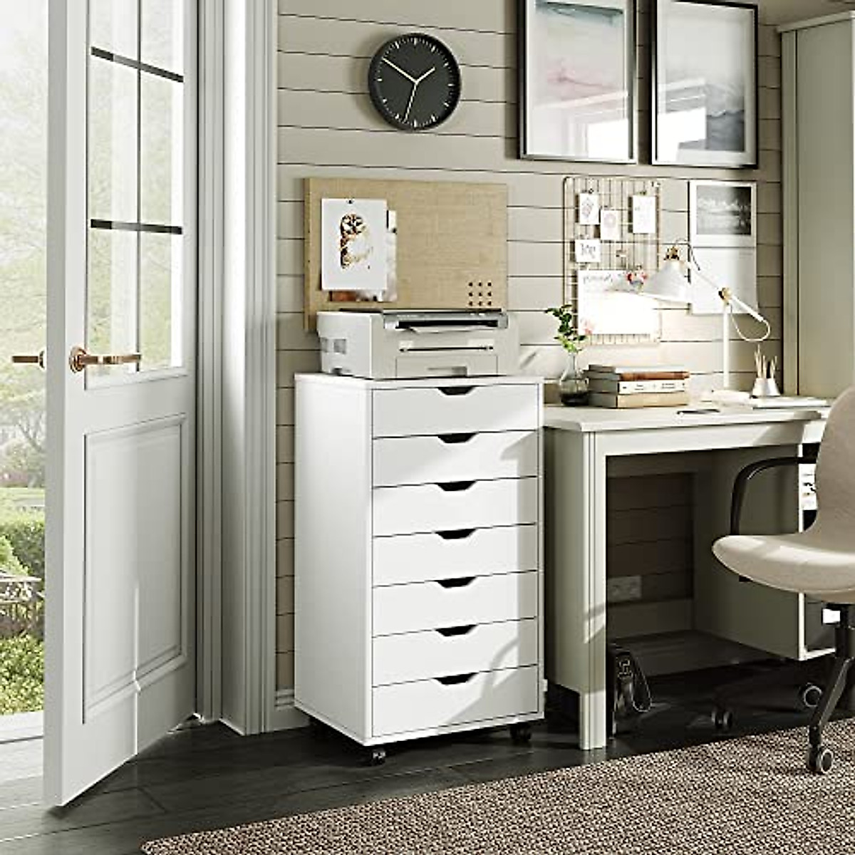 DEVAISE 7-Drawer Chest, Wood Storage Dresser Cabinet with Wheels, White