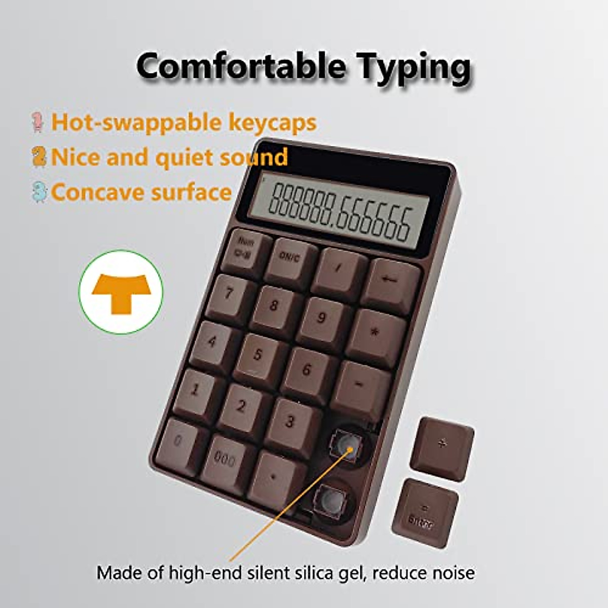 Seaciyan Wireless Number Pad, Ergonomic Cute Mini Portable Digital Keyboard, Cordless External Numeric Keypad with Financial Accounting Calculator (Brown)