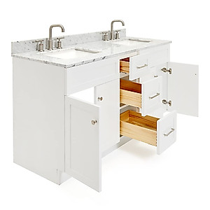 ARIEL 61" White Double Bathroom Vanity, Italian Carrara Marble Countertop & Splash, Rectangular Sink, 2 Soft Closing Doors, 3 Full Extension Dovetail Drawers, Toe Kick, Brushed Nickel