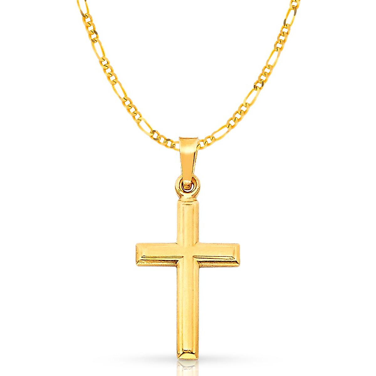 14K Yellow Gold Cross Pendant with 1.9mm Figaro 3+1 Chain Chain Necklace - 22"