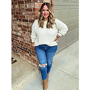 XIEERDUO Women's Pullover Sweaters White Long Sleeve Chunky Knit Crewneck Sweatshirts Fall S