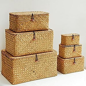 FEILANDUO 6 Pieces Wicker Basket with Lid Seagrass Woven Basket Box Home Shelf Storage Organize Boho Decor
