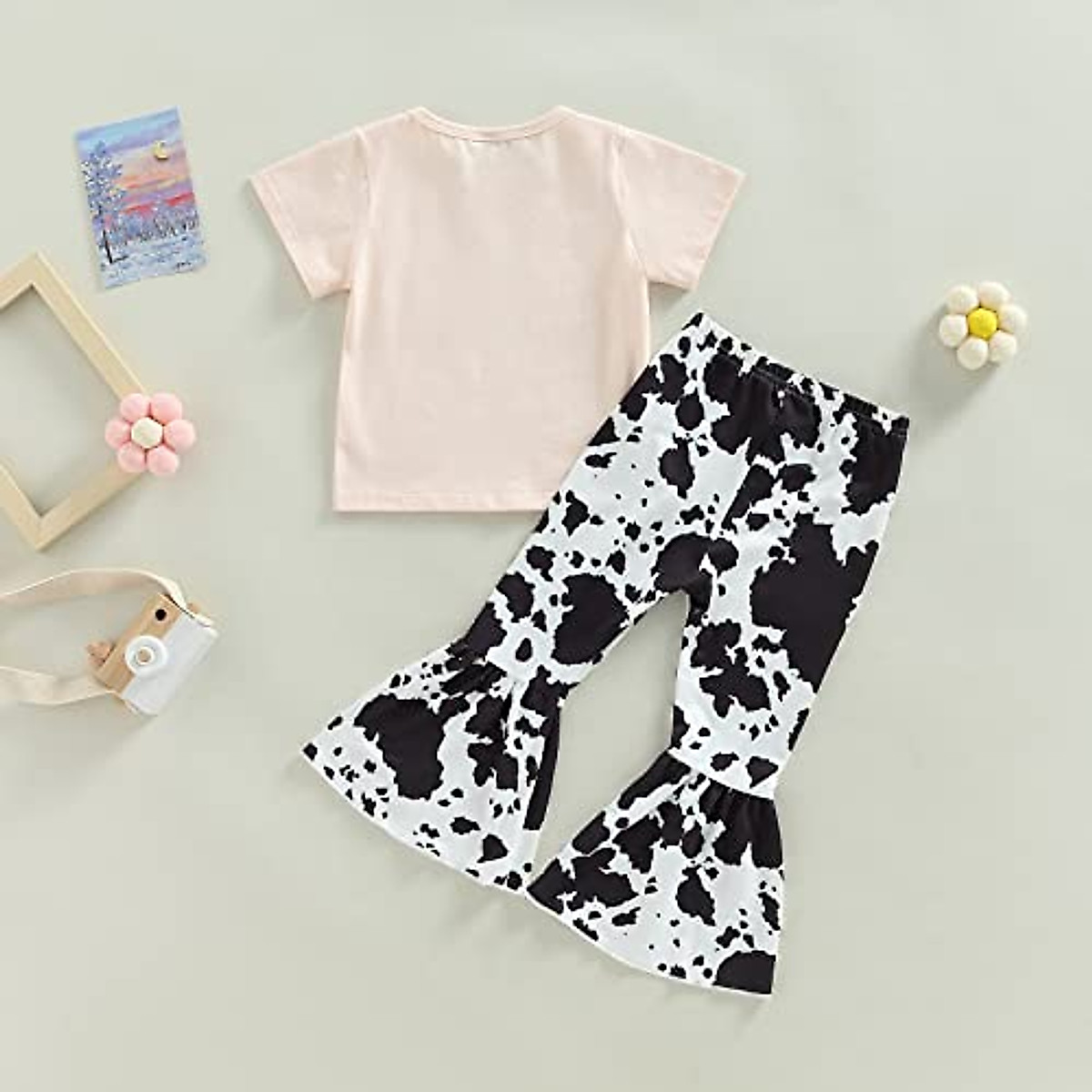 Western Baby Girl Clothes Letters Print Short Sleeve T-Shirt Tops Cow Print Flared Pants Set Bell Bottom Outfit (Beige, 2-3 Years)