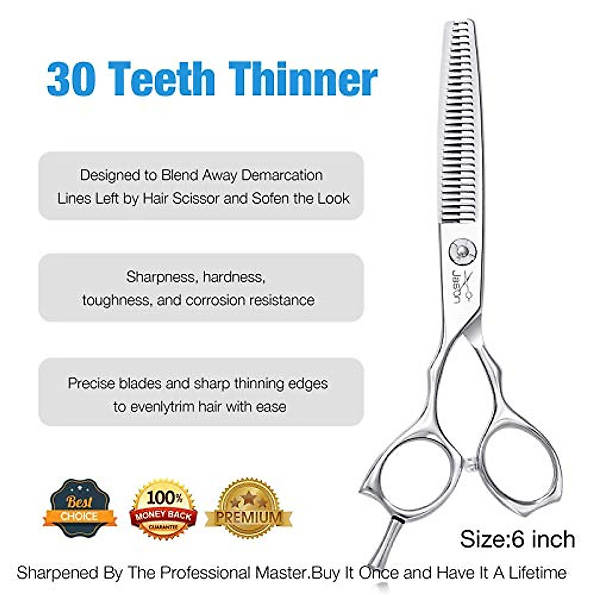 JASON 6 Inch Lefty Barber Thinning Shears for Hair Cutting Professional 30 Teeth Salon Blending Scissors Hairdressing Scissor JP 440C Texturizing Shears for Men Women