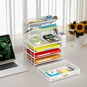 Marbrasse Desk Organizer with Drawer, 4-Tier File Organizer Paper Tray with 2 Pockets File Holder and Pen Holder, Mesh Desk Organizers and Accessories, Desktop Organizer for Home Office (White)