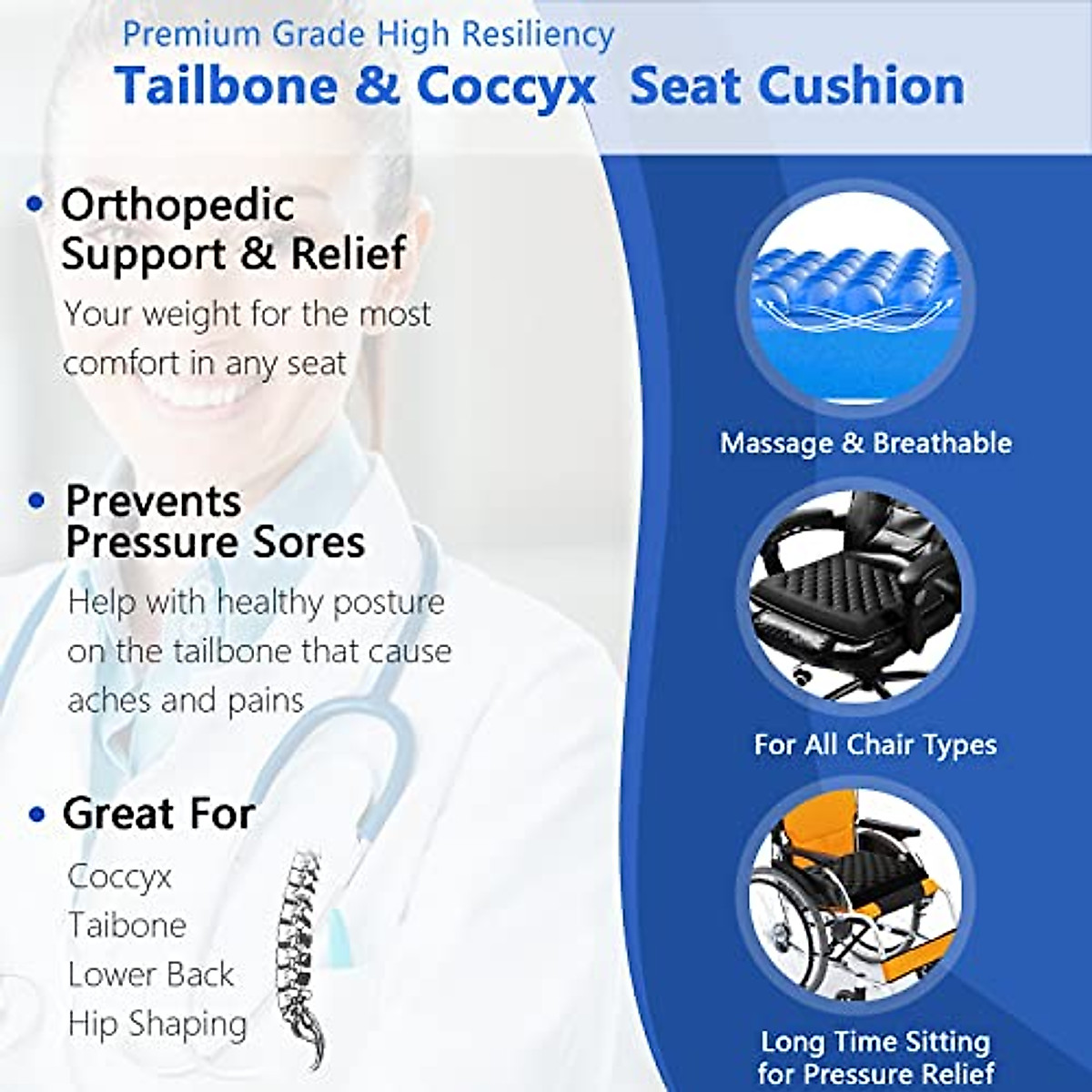 Memory Foam & Gel Cushion Multi-Layer Massage Orthopedic Seat Cushion Backrest for Office Chairs, Wheelchair, Mobility Scooters Lower Back Pain Relief Cooling Gel Cushion Large size 18.5"X16.5"X2.5"