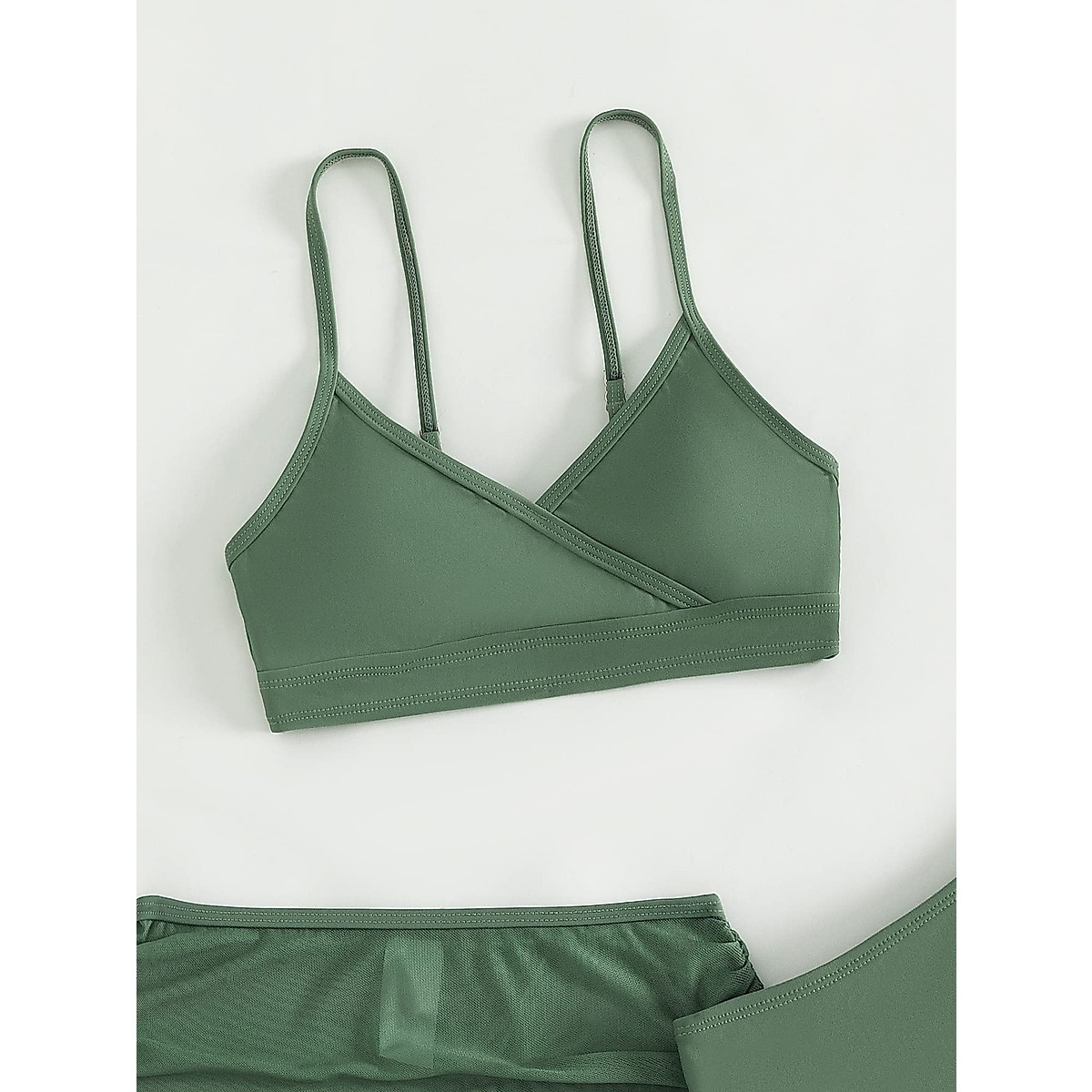 COZYEASE Girls' 3 Piece Plain Swimsuit Wrap Bikini with Ruched Cover Up Skirt Set Olive Green 9Y