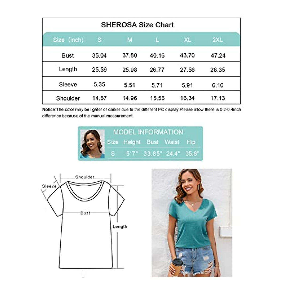 Sherosa Ladies Tops Short Sleeve V Neck Tee Shirts Cotton Plain T Shirts Basic Tees for Women Light Green S