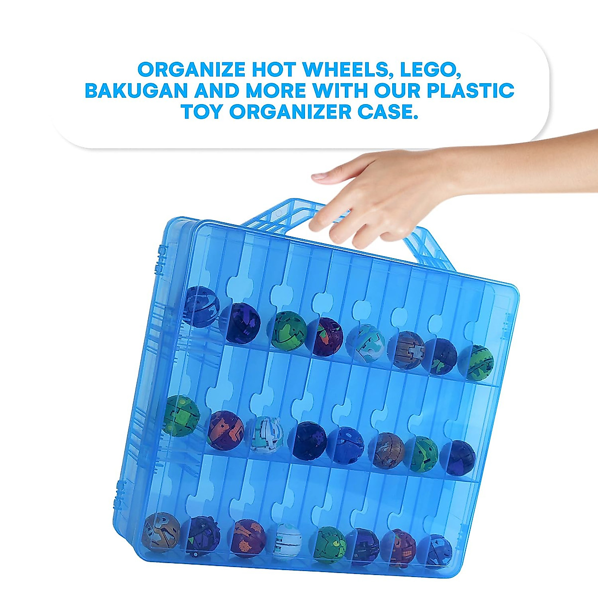 Bins & Things Hot wheels Display case and toy car storage organizer, Double sided 48 - Multi Compartment Plastic Car Toy Organizer Compatible with Lego, LOL Surprise Matchbox cars storage case - Blue