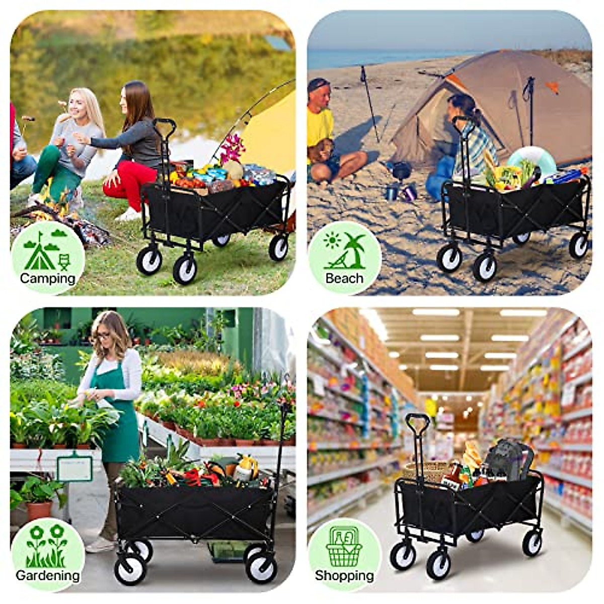 HKLGorg Folding Collapsible Wagon Cart with Wheels Heavy Duty Beach Wagon Outdoor Grocery Wagon Cart Portable Folding Utility Wagon Cart with Handle for Camping, Outdoor, Black