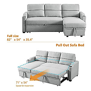 GUONTHO 82" Sectional Sofas with Pull Out Sofa Bed Couch for Living Room Apartment Reversible L Shape Chaise with Soft Cushion and Storage for Small Space Solid Wood & Brown Linen