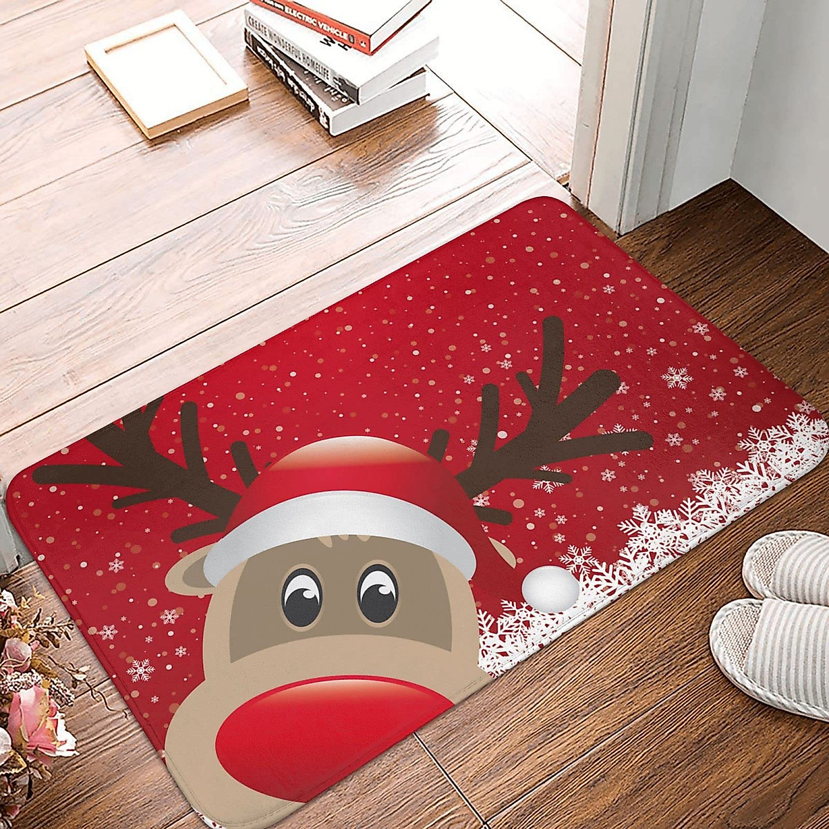 Door Mat 16 x 24 in Merry Christmas Cute Cartoon Elk Print Non-Slip Floor Mats Front Door Welcome Carpet for Indoor Outdoor