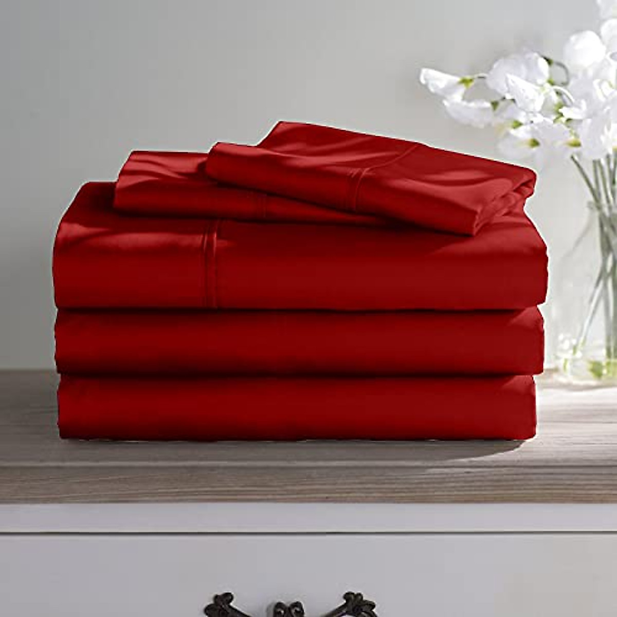 Split King Sheets Sets for Adjustable Bed, Soft 100% Egyptian Cotton 400-Thread-Count, Sateen Weave, 5PC Set with 2 Fitted Sheets, Split-King Sheet Set 21-Inch Deep Pockets, 400-TC - Burgundy Solid