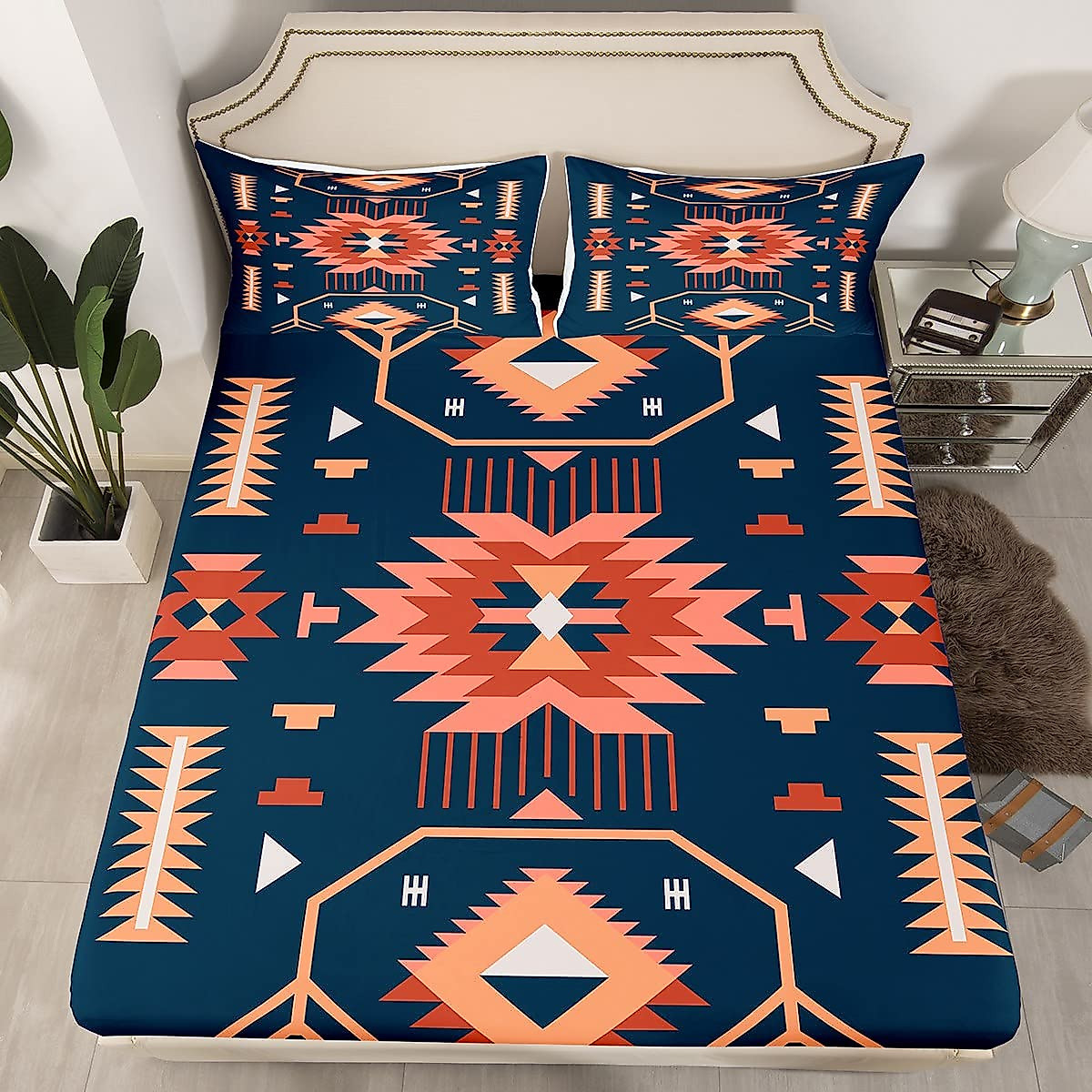 Southwest American Fitted Sheet Twin Size Indian Tribal Aztec Style Deep Pocket Sheet Vintage Navy Blue Red Bedding Set 2pcs for Kids Teens Adults Room Decor Abstract Art Sheet Set,1 Pillowcase