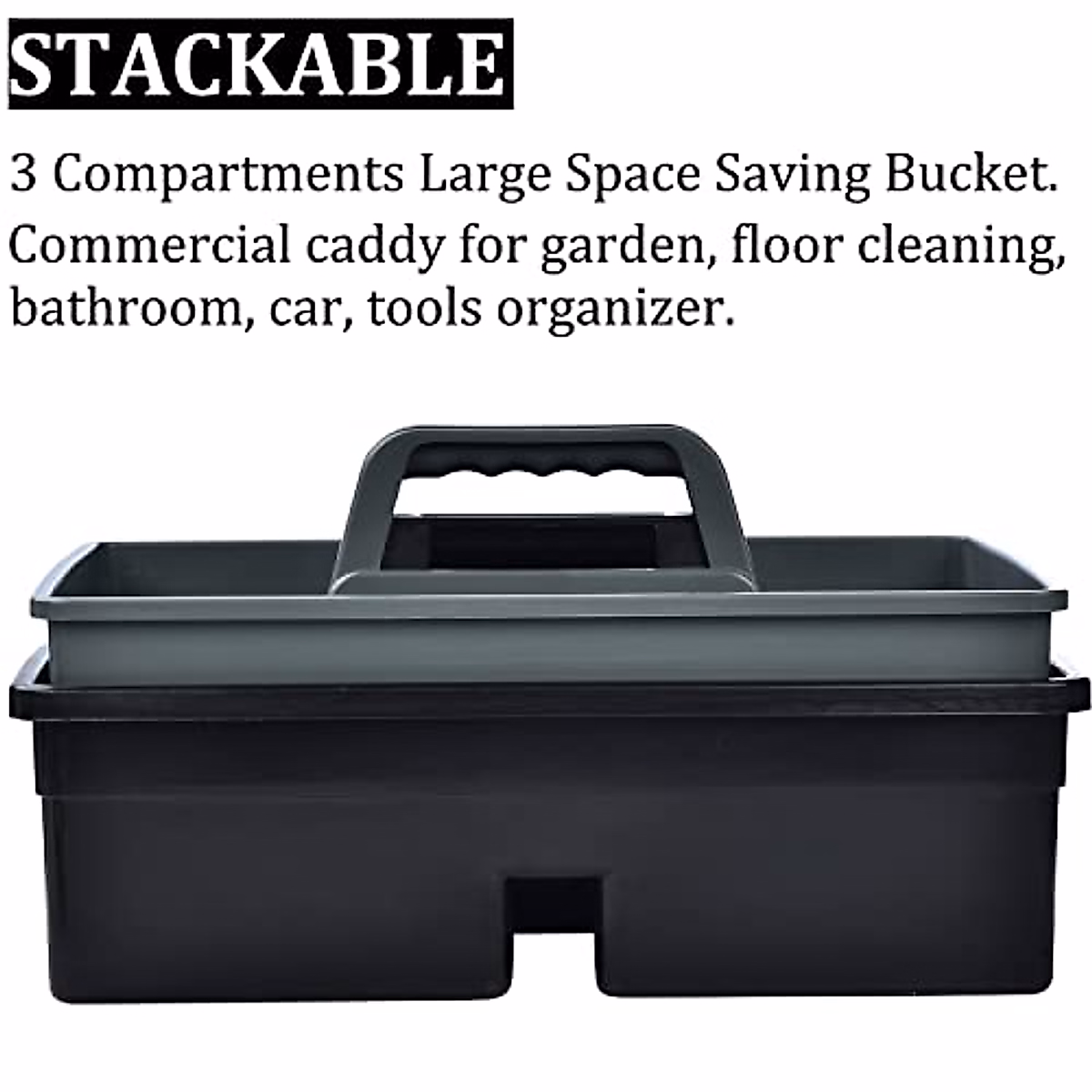 3-Compartment Plastic Cleaning Caddy Basket – Stackable Large Commercial Quality Plastic Tool Organizer Bucket with Handle, Black