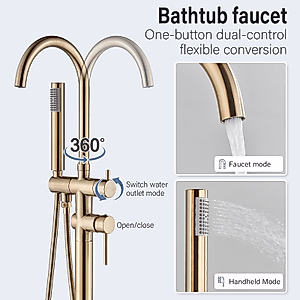 Brushed Gold Freestanding Bathtub Faucet with Hand Shower Tub Filler Faucet Floor Mounted High Flow Single Handle Bath Filler Solid Brass