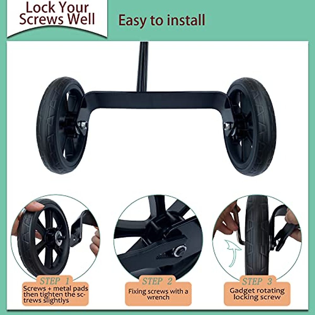 MUTOGLAVA Adjustable String Trimmer Support Wheel Attachment, 6inch Wheels Auxiliary Walk Behind String Trimmer with 26mm (1 Inch) Fixed Seat and 2 Silicone Pads for Weed Trimmer Grass Cutter Holder