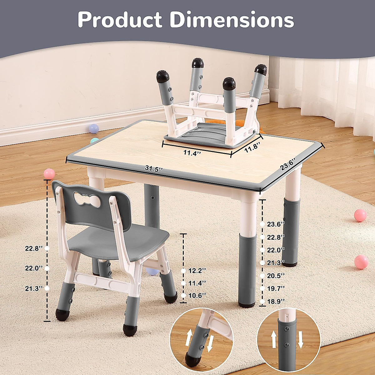 GAOMON Kids Table and 4 Chair Set,Height Adjustable Toddler Arts & Crafts Table and Chair Set for Ages 2-10,Max 300lbs Kids Activity Art Table for Classroom Daycares,Home