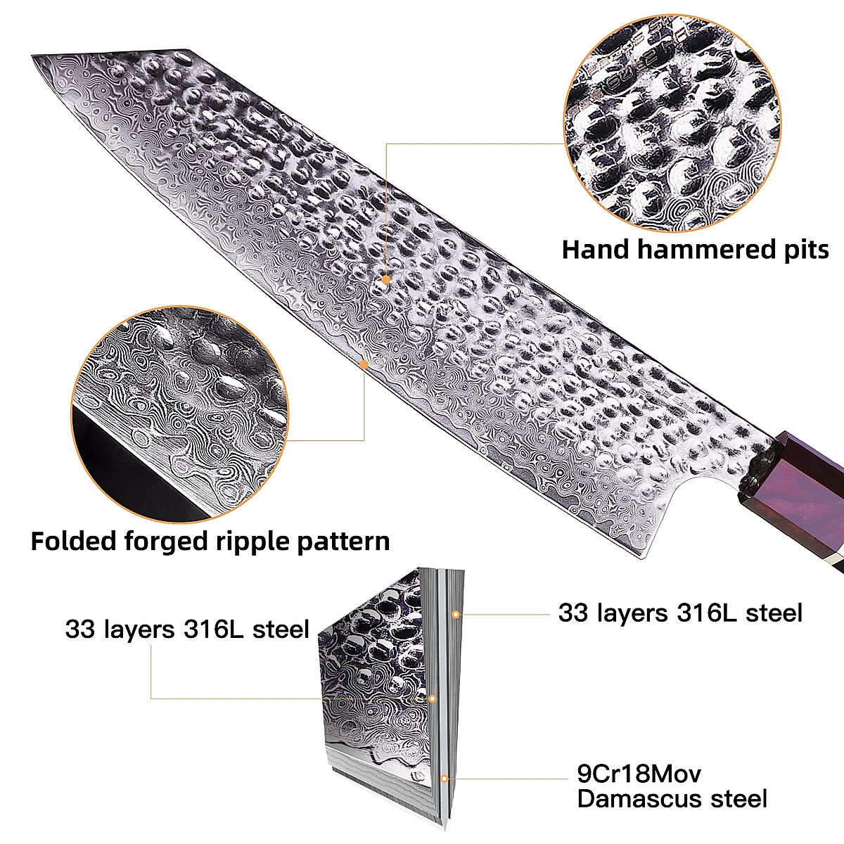 FINDKING Eternity Series Japanese Kiritsuke Knife with ABS sheath, Multi-Purpose Gyuto Chef knife, 9Cr18MoV Damascus Steel Blade, Resin Octagonal Handle, for Meat, Fruits, Vegetables,9 Inches
