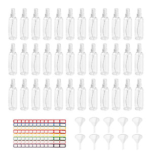 YEUIKERR 36 Pack Plastic Small Spray Bottles 4 oz/120 ml, Fine Mist Clear Empty Plastic Small Travel Spray Bottle, with 10 Funnels and 10 Labels