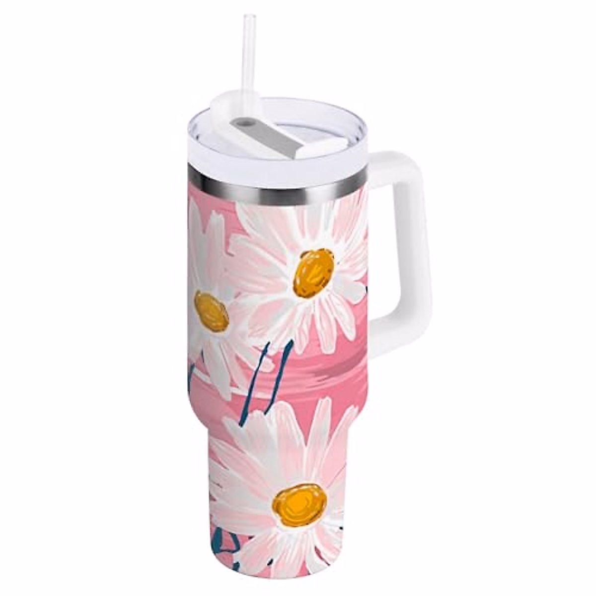 PaChyLuu 30 oz Insulated Tumbler with Handle and Straw Lid, Adorable Daisy Leak-Proof Stainless Steel Travel Coffee Mug for Car Cup Holder