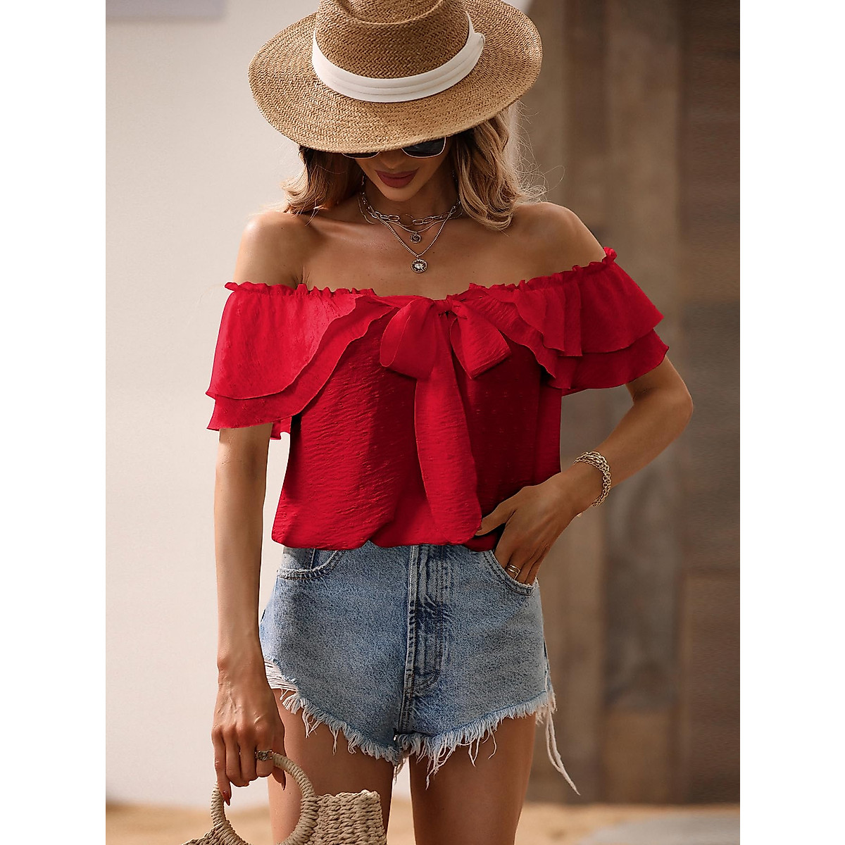 SweatyRocks Women's Off Shoulder Ruffle Trim Knot Front Blouse Tiered Layer Butterfly Short Sleeve Chiffon Tops Summer Red L