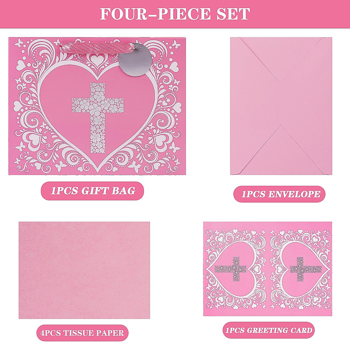 JWSCYSY 12.6" Large Pink Gift Bag with Metallic Silver Floral Cross Design, Card and Tissue Paper for Baby Girl Baptisms, Christenings, First Communions Religious