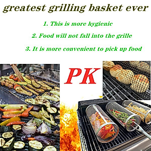 Ruggedized Rolling Grilling Basket-Round Stainless Steel BBQ Grill Mesh-Outdoor Portable Grill Baskets-cylindrical grilling baskets cylinders cylinders-Net Tube Barbecue Cage Picnic Grate Dragon（2PCS)