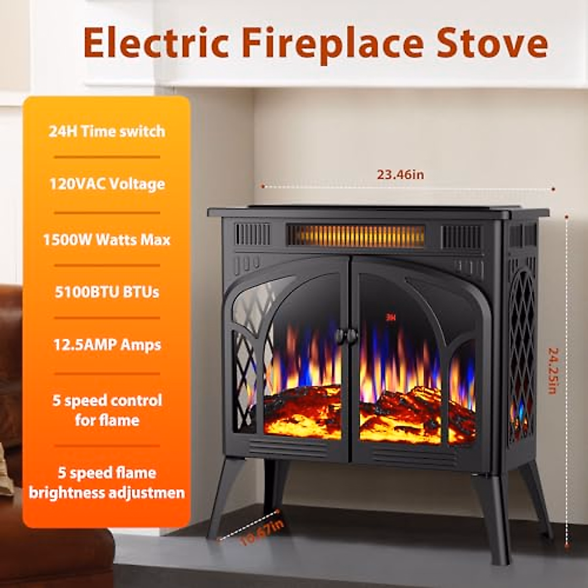 ZAFRO 24-inch Electric Fireplace Heater, 5100 BTU Freestanding Portable Electric Fireplace Stove with Remote Control & Timer, Adjustable Flame Color, 500W/1500W, Black