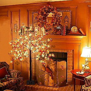 Agusbagli 4FT 140LED Lighted Fall Eucalyptus Tree Thanksgiving Fall Decorations with Timer & 8 Modes Artificial Fall Trees with Lights & 336 Leaves Fall Light Up Tree Harvest Indoor Outdoor Fall Decor