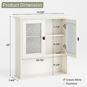 MXARLTR Wall Mount Bathroom Storage Cabinet, Medicine Cabinet with Tempered Glass Door and Buffering Hinge Over Toilet Storage Cabinet Wall Mounted Organizer Above Toilet Storage Cabinet (Cream White)