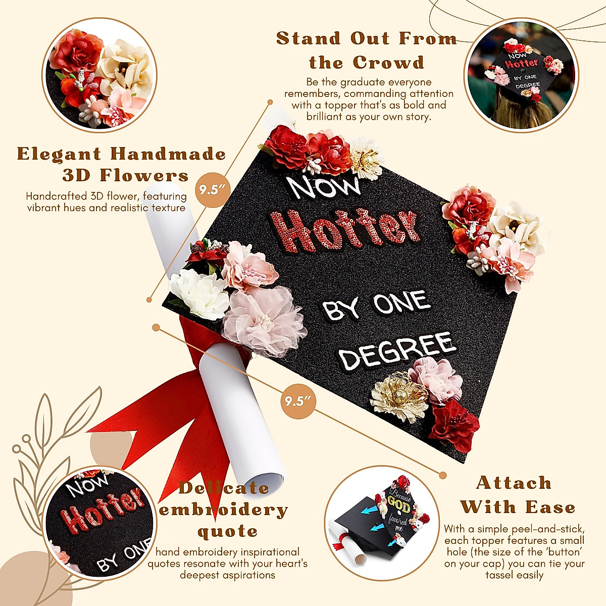 GRADWYSE Black Glitter Graduation Cap Topper with Flowers, Graduation Cap Decorations, Class of 2024 Grad Cap Topper, Now Hotter by One Degree