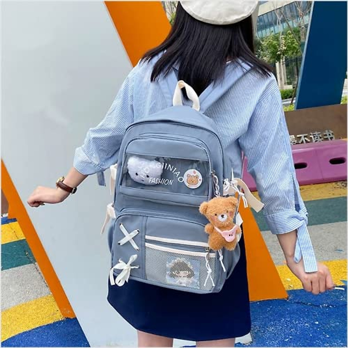NUFR Kawaii Backpack With Kawaii Pin Kawaii Pendent Bear Kawaii Sticker Kawaii Bag Cute Mesh Lace (Blue)