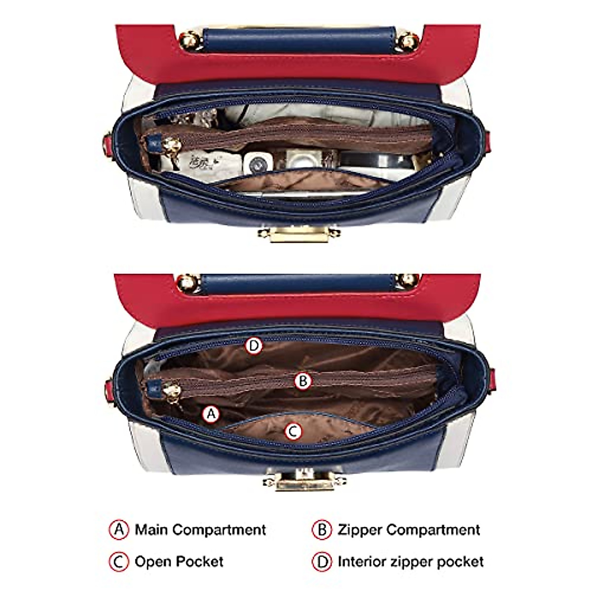 Cow Split Leather Handbags for Women, Ladies Satchel Shoulder Bags with Chain Handle Purses, Women's Crossbody Bags Color Blocking (Blue) One Size