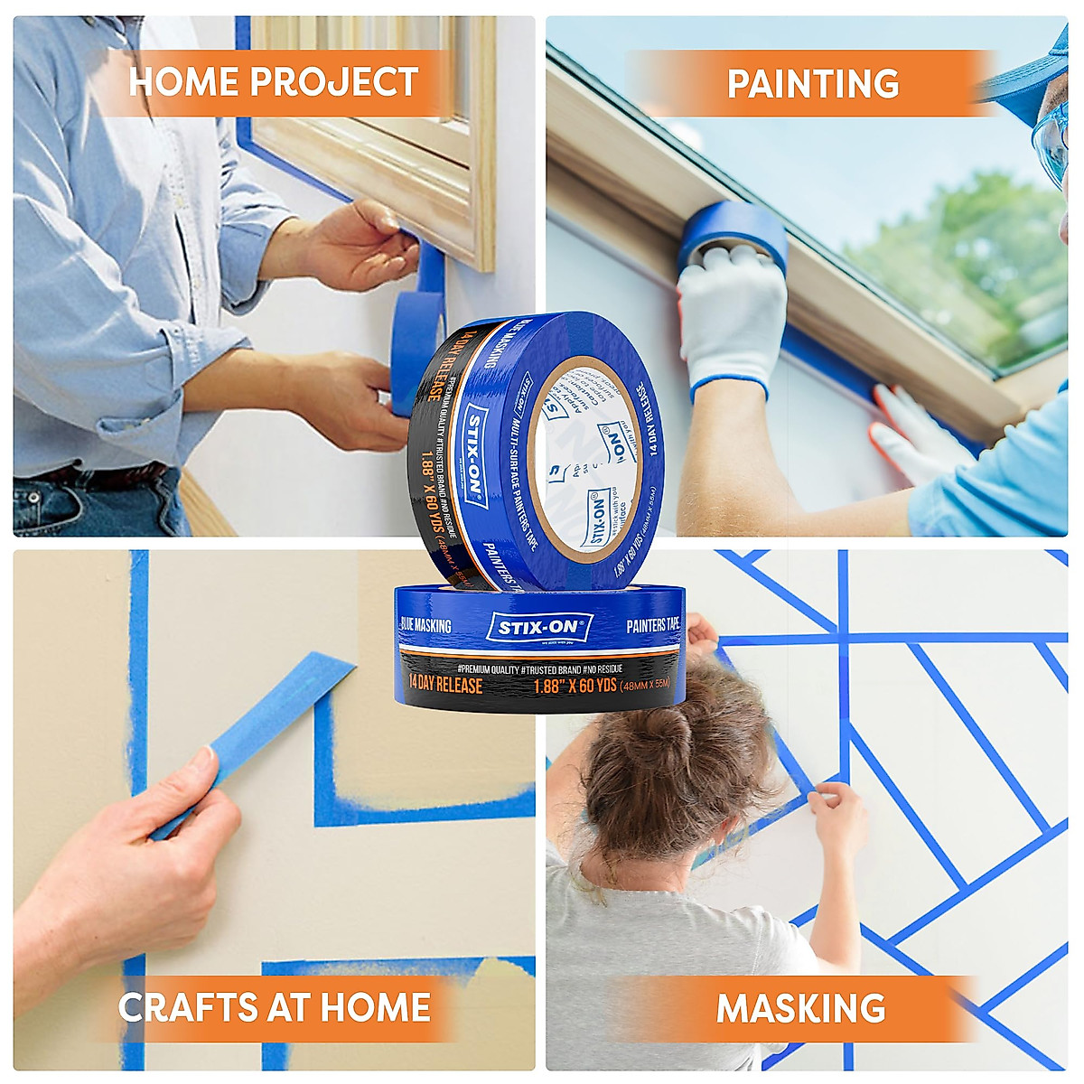 STIX-ON Painter’s Tape – 2 inch/ 1.88 inch x 60 yds Masking Tape Rolls – Paint Tap for Wall, Trim, Glass, Metal – Fine Line Tape for Precise Lines, Edges – Residue-Free Blue Painters Tape-Single Roll