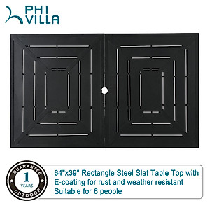 PHI VILLA 64" Large Metal Patio Dining Table Steel Rectangular Outdoor Table, Weather-Resistant Table with 1.77" Umbrella Hole for Lawn Backyard Garden, Black