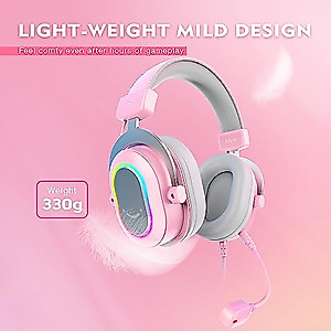 FIFINE PC Gaming Headset, USB Wired Headset with Microphone, 7.1 Surround Sound, in-Line Control, Computer RGB Over-Ear Headphones for PS4/PS5, for Streaming/Game Voice/Video-AmpliGame H6 (Pink)