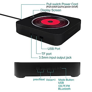 Portable Bluetooth CD Player,Wall Mountable CD Player for Home with Remote Control Dust Cover LCD Display Built-in HiFi Speakers FM Radio,Support CD/MP3/USB/TF/AUX Input Output (Black)