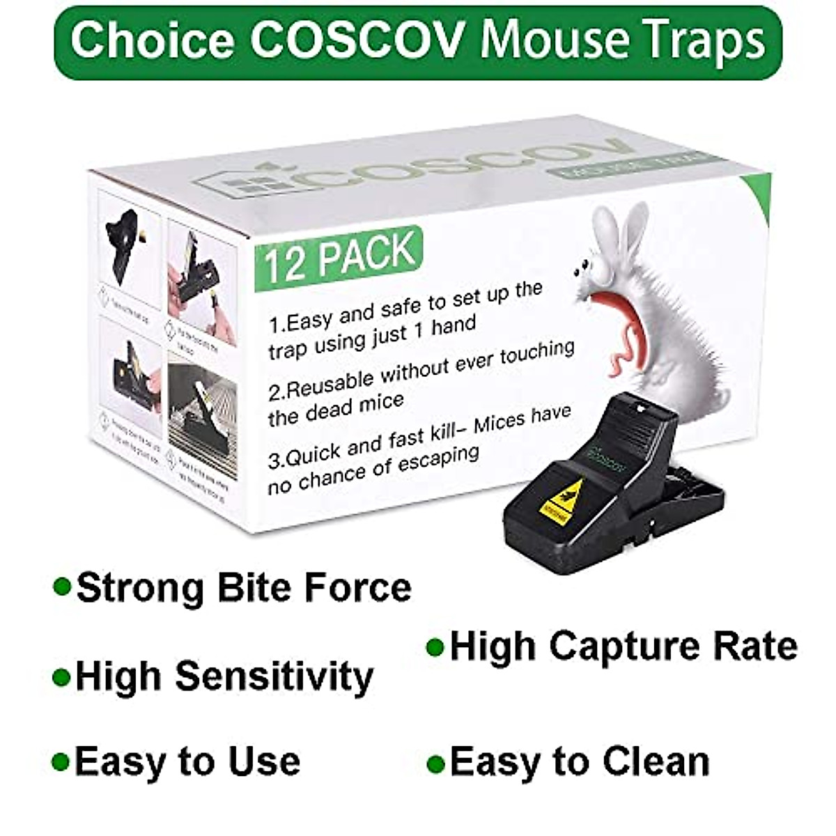 COSCOV Mouse Traps, Small Mice Traps That Work, Mice Snap Trap with Detachable Bait Cup - 12 Pack