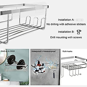 TOLOYE Shower Caddy Shelf, Adhesive Shower Caddy 2 Pack Shelf with 14 Hooks Storage Rack Organizer, Stainless Steel Shower Shelves with Soap Holder, No Drilling Rustproof for Bathroom, Restroom