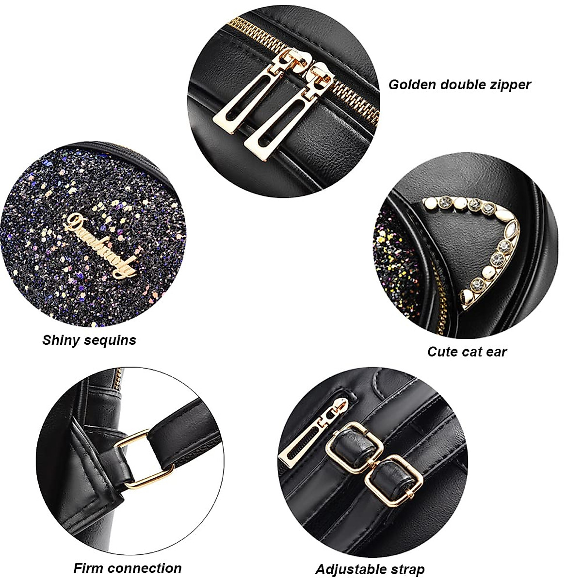 natyrlpog Mini Backpack for Women Cute Cat Ears Design, Leather Small Backpack Purse for Teen Girls with Sequin Decoration