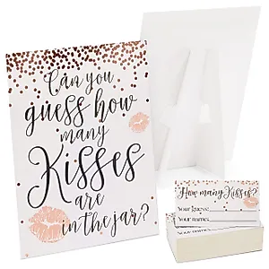 Sparkle and Bash Guess How Many Kisses Bridal Shower Game for 60 Guests for Wedding (1 Rule Board, 60 Guessing Cards)