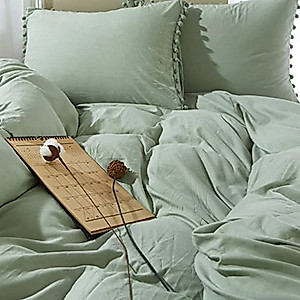 ETDIFFE Pom Pom Duvet Cover Queen Size - 3 Piece Boho Bohemian Farmhouse Microfiber Comforter Cover Set - Soft and Lightweight Quilt Cover, Solid Sage Green Pompom
